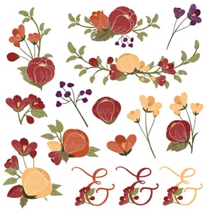 Emma Floral Heart Clipart & Vectors in Autumn Orange Flowers, Peach ...