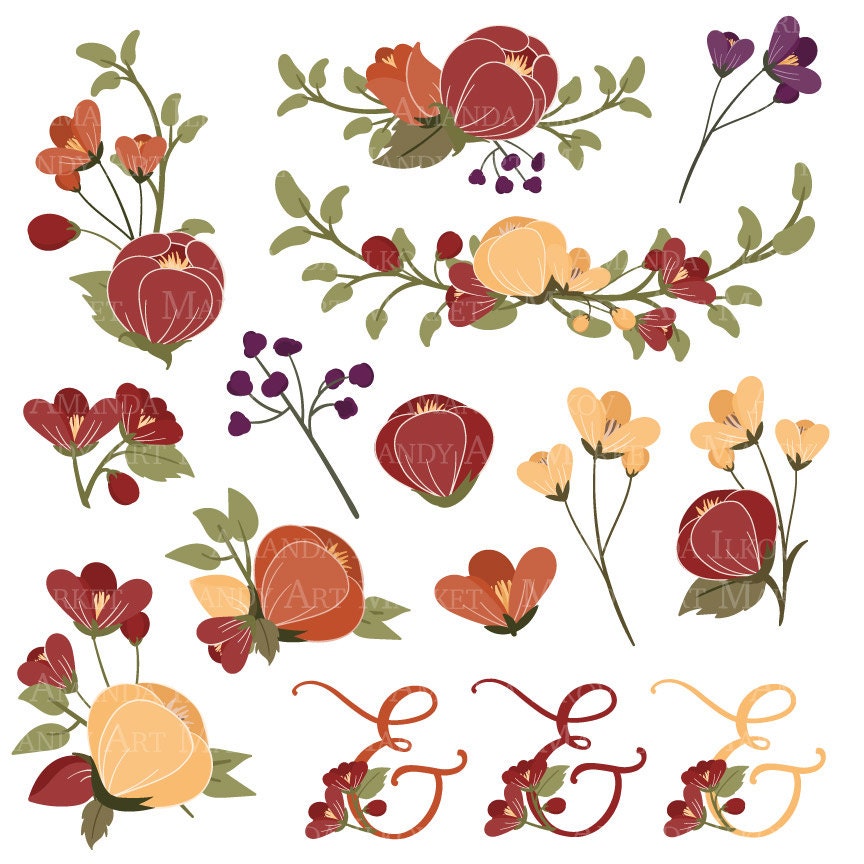 Emma Floral Heart Clipart & Vectors in Autumn - Orange Flowers, Peach ...