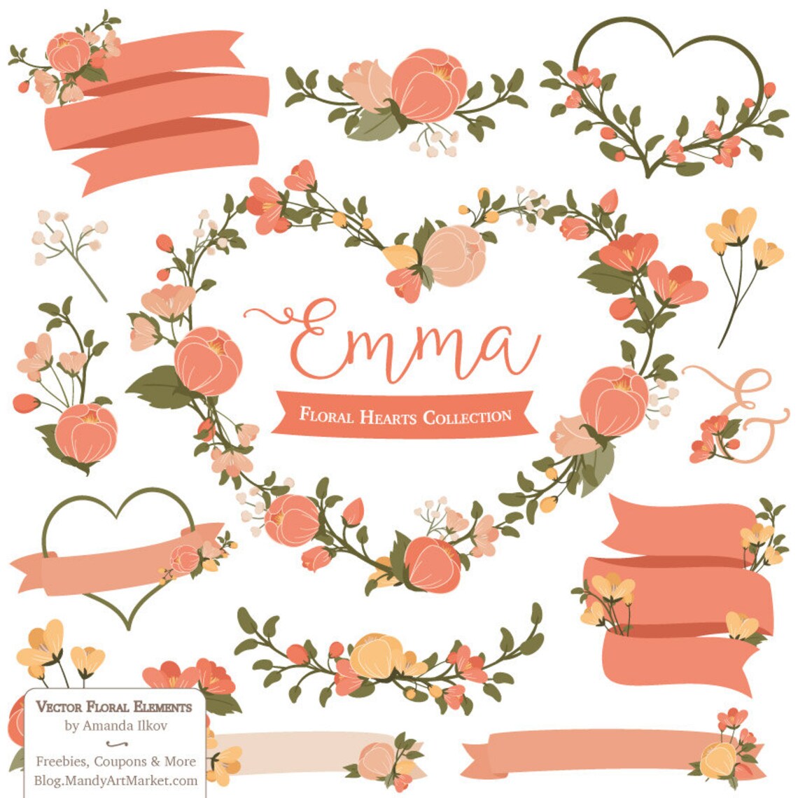 Emma Floral Heart Clipart & Vectors in Antique Peach - Orange Flowers ...