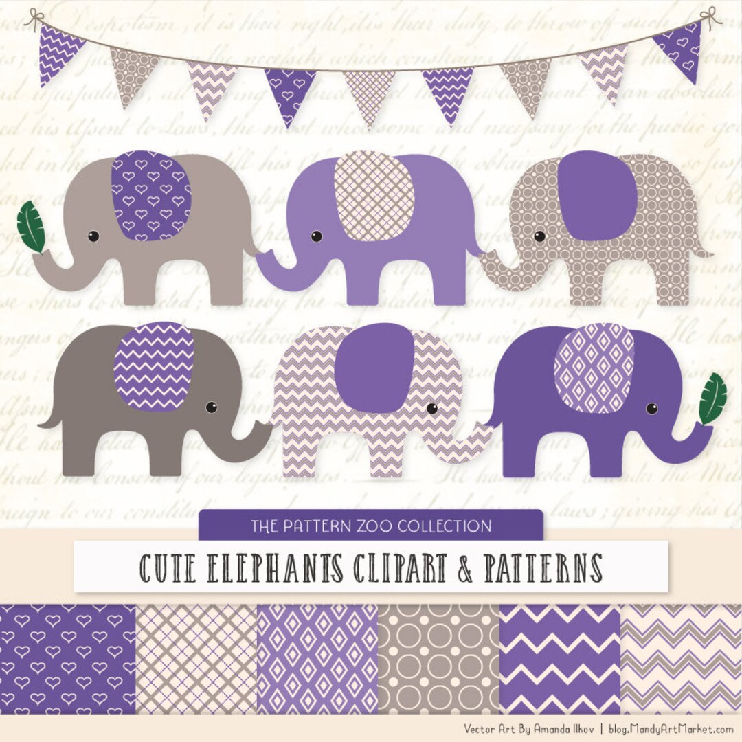 Patterned Purple Elephants Clipart and Digital Papers - Purple Elephant ...