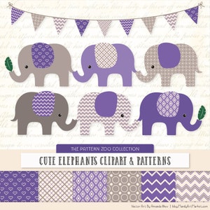Patterned Purple Elephants Clipart and Digital Papers - Purple Elephant ...