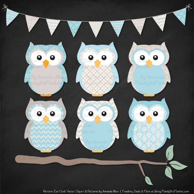 Patterned Soft Blue Owls Clipart and Digital Papers - Soft Blue Owl ...