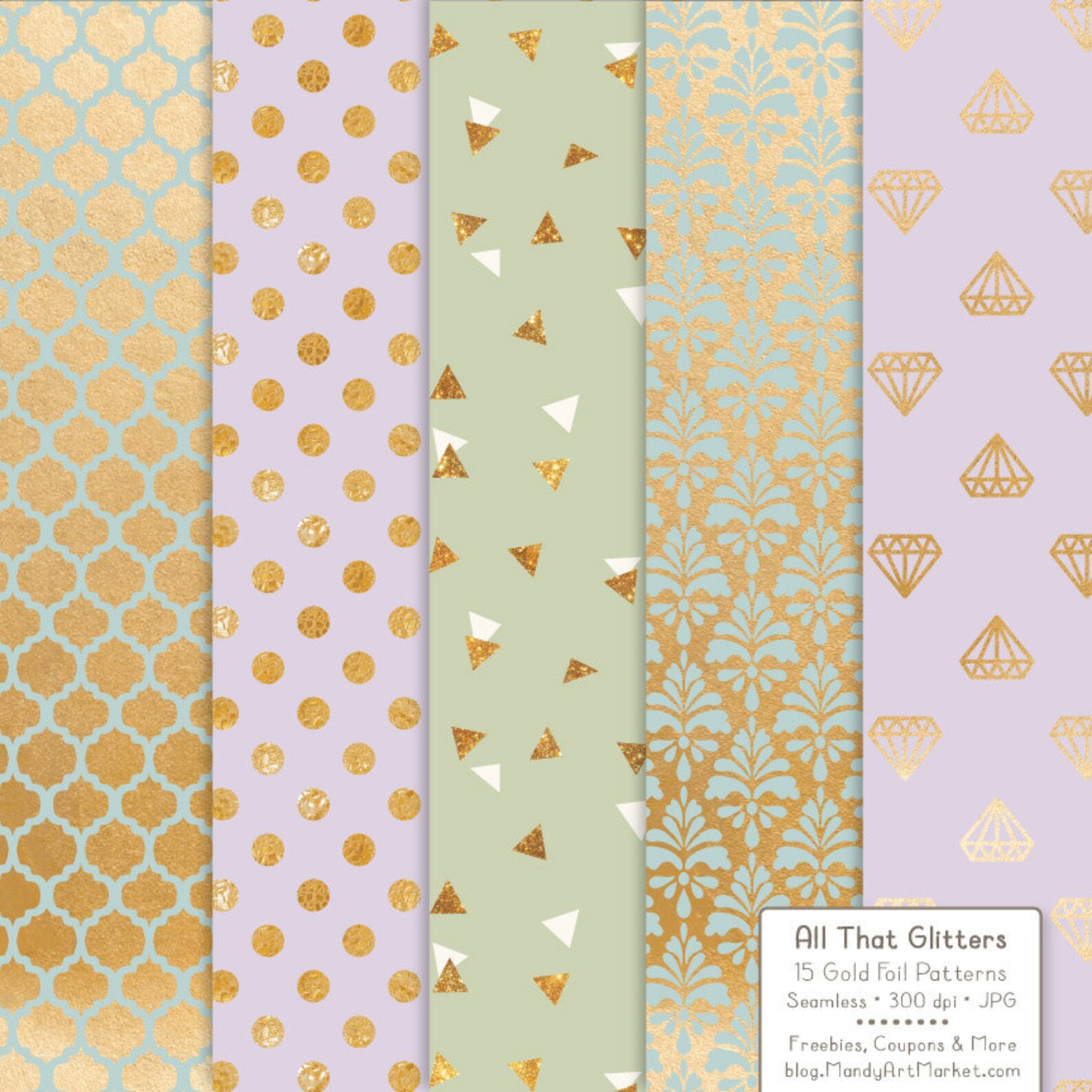 Celebrate Gold Foil Digital Papers in Grandmas Garden Party Patterns ...