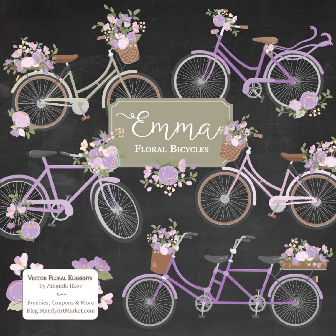 Emma Floral Bicycle Clipart & Vectors in Lavender lavender | Etsy