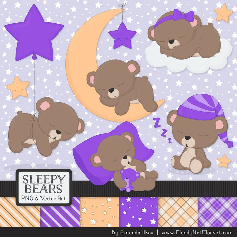 Professional Purple Sleepy Bears Clipart Purple Bedtime - Etsy