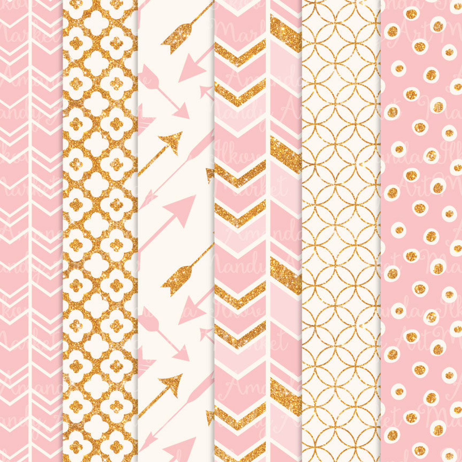 Premium Boho Gold Glitter Digital Paper in Soft Pink - Gold Digital ...