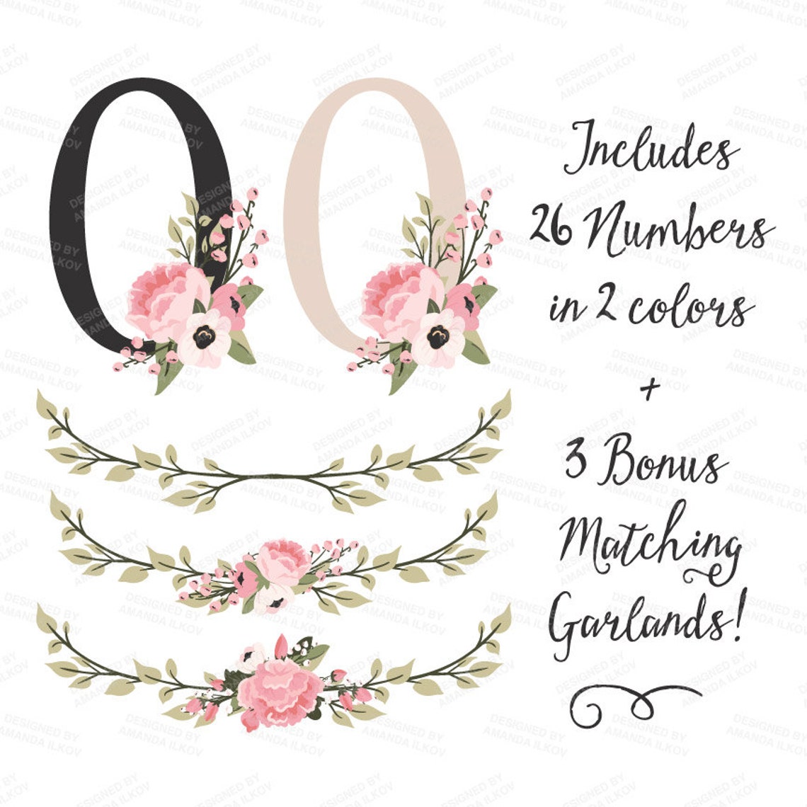 Premium Floral Numbers Clipart & Vectors Soft Pink Flower - Etsy