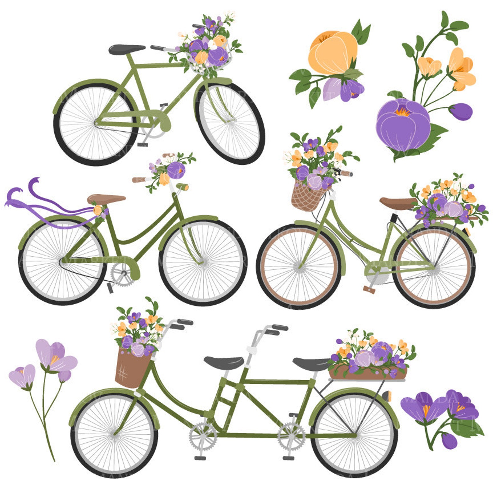 Emma Floral Bicycle Clipart & Vectors in Crocus - Purple Bicycles ...