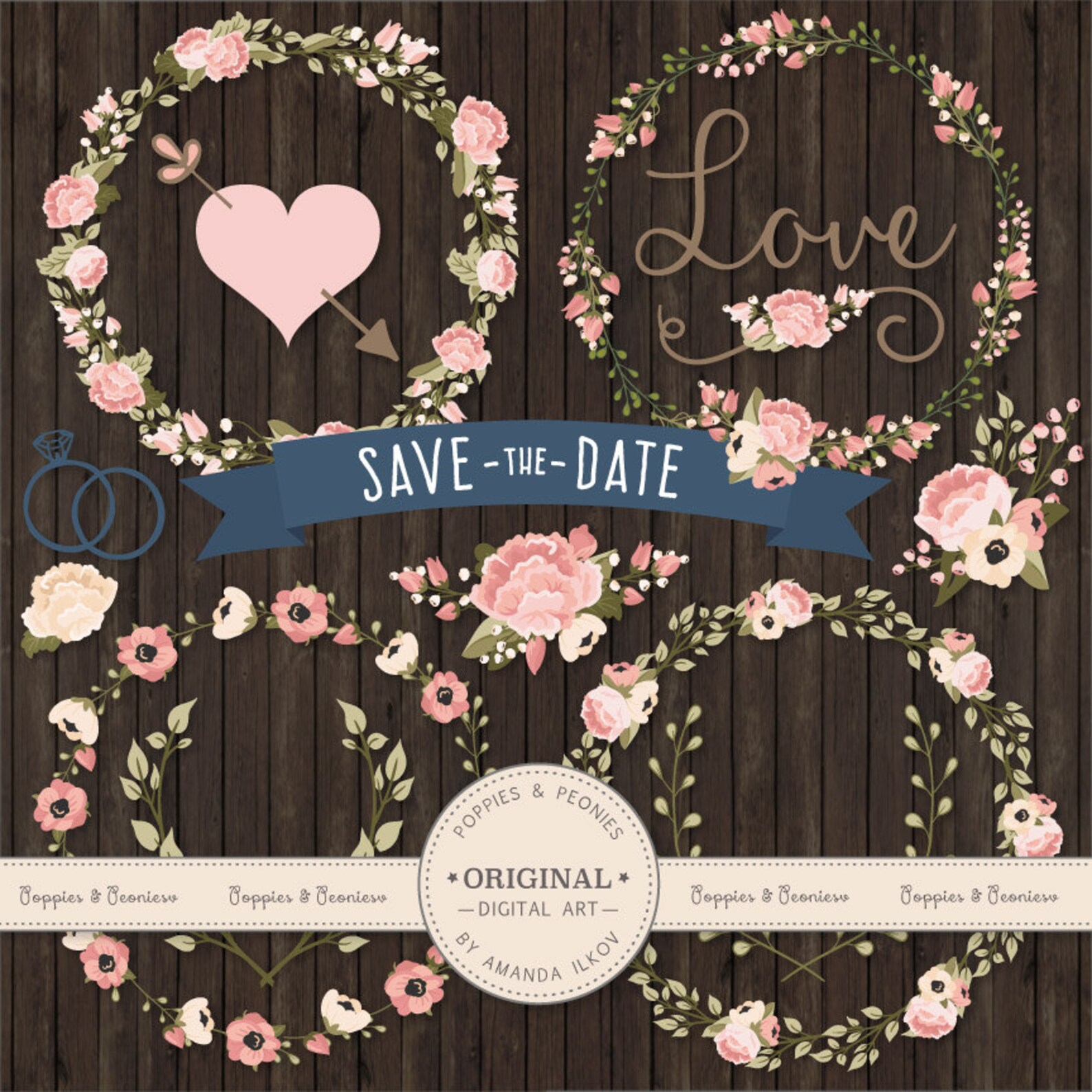 Premium Wedding Floral Clipart & Vectors Navy and Blush - Etsy