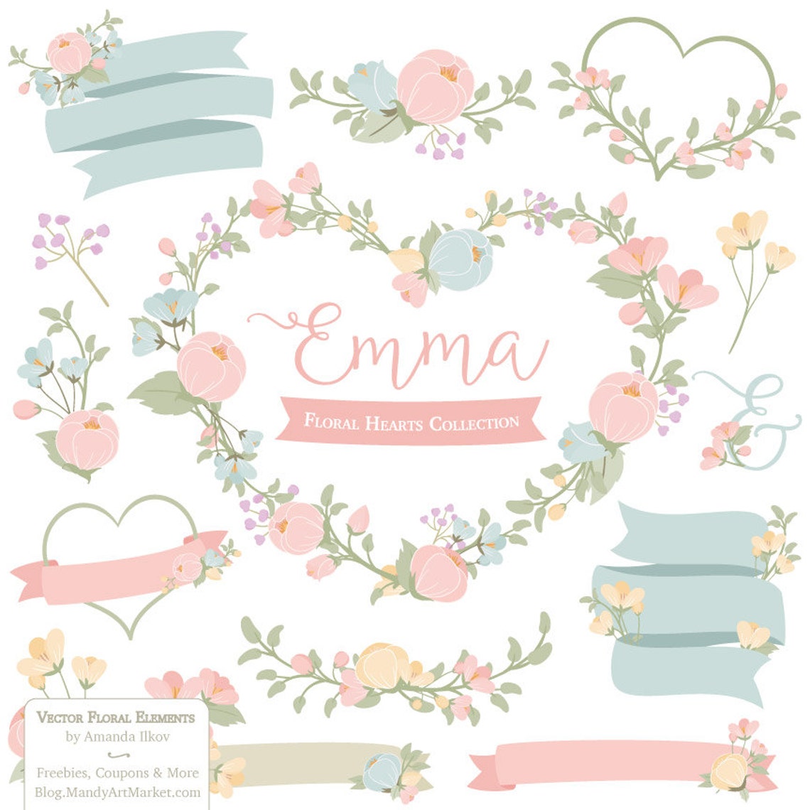 Emma Floral Heart Clipart & Vectors in Grandmas Garden - Pastel Flowers ...