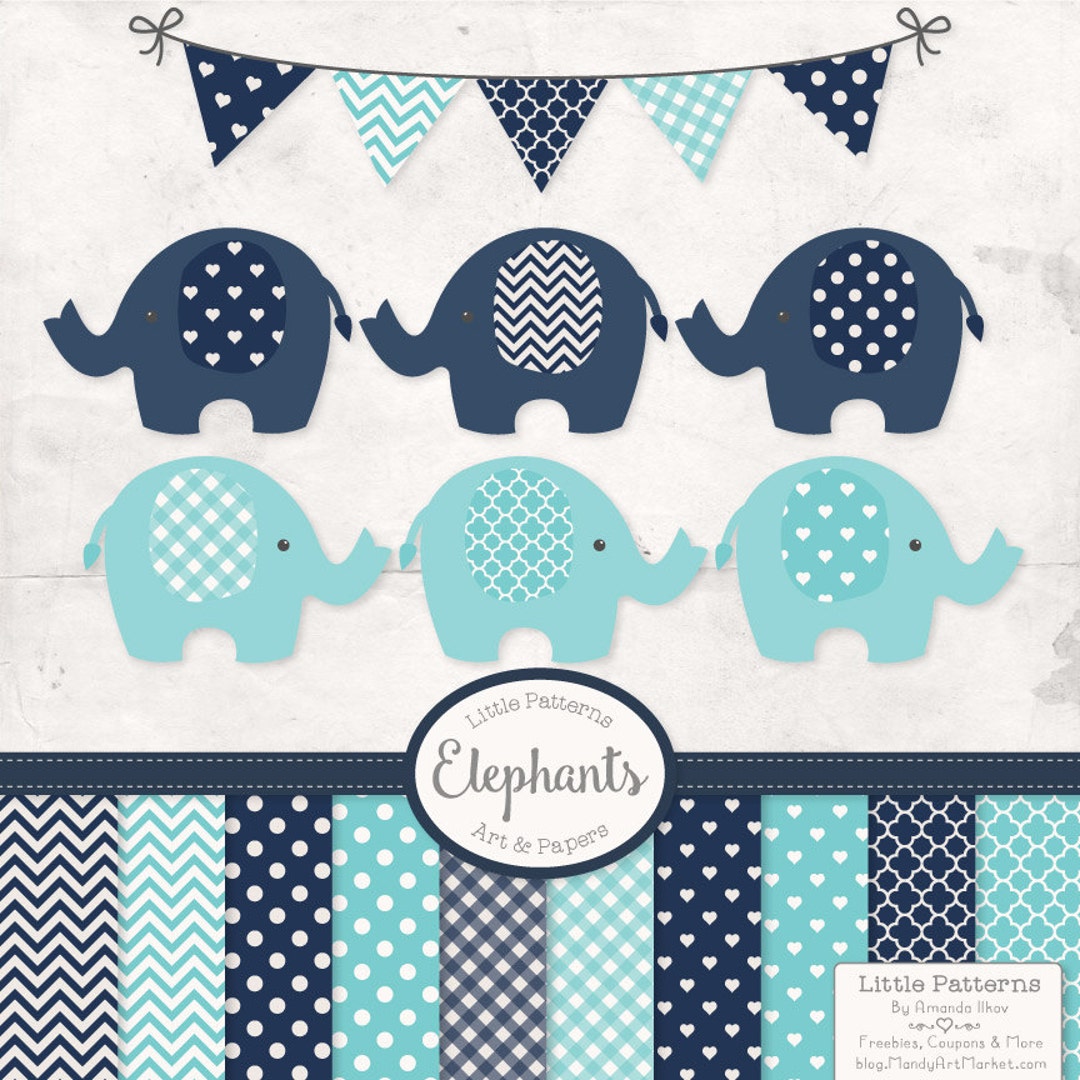 Premium Elephant Clipart, Vectors & Digital Papers in Oceana - Blue ...