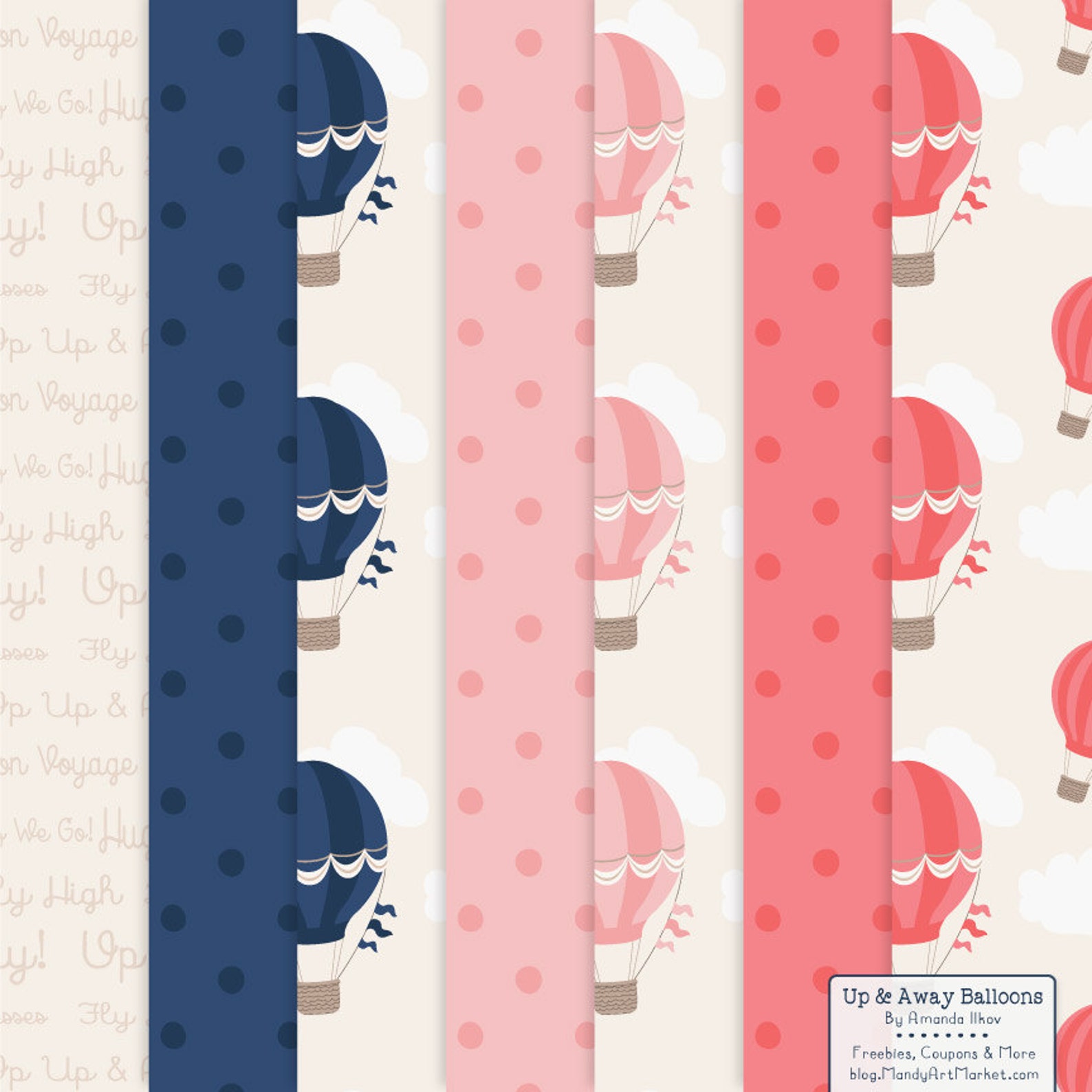Navy & Blush Hot Air Balloons Clipart With Digital Papers - Navy and ...