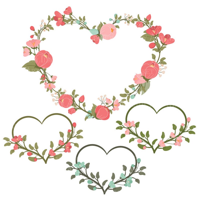 Emma Floral Heart Clipart & Vectors in Mint and Coral mint - Etsy México
