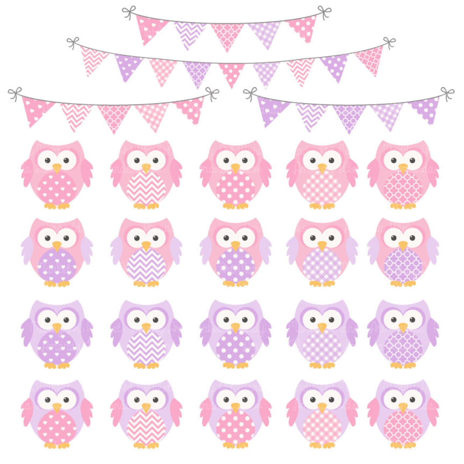 Premium Owl Clipart, Vectors & Digital Papers in Fresh Pink and Purple ...