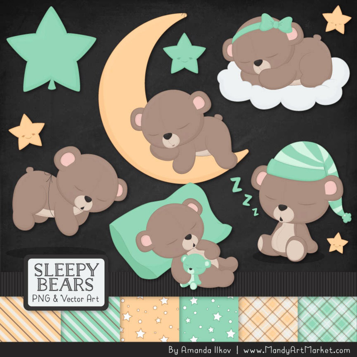 Professional Mint Sleepy Bears Clipart Mint Bedtime Bears | Etsy
