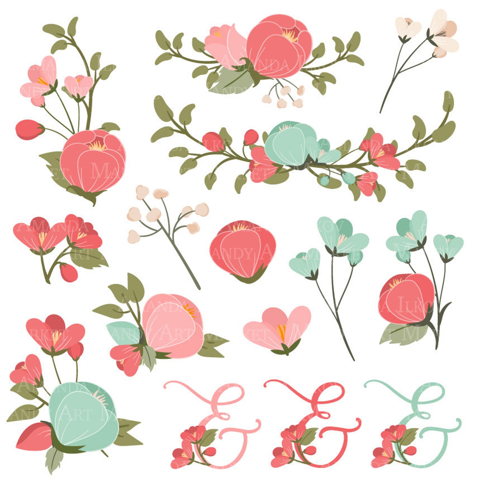 Emma Floral Heart Clipart & Vectors in Mint and Coral Mint | Etsy