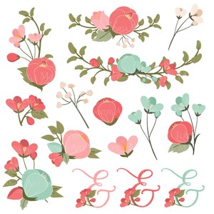 Emma Floral Heart Clipart & Vectors in Mint and Coral - Mint Flowers ...
