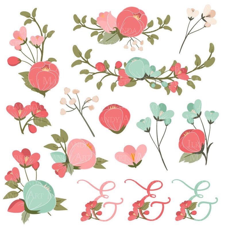 Emma Floral Heart Clipart & Vectors in Mint and Coral mint - Etsy México