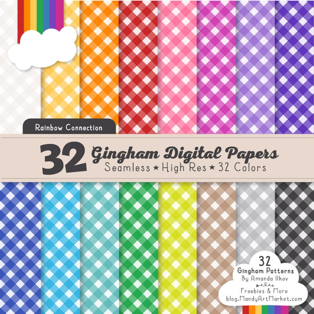 32 Professional Bright Gingham Digital Papers in Crayon Box - Gingham ...