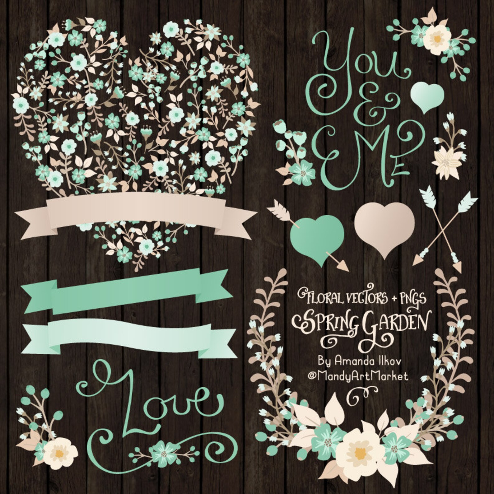 Professional Mint Green Floral Heart Clipart & Vectors - Floral Heart ...