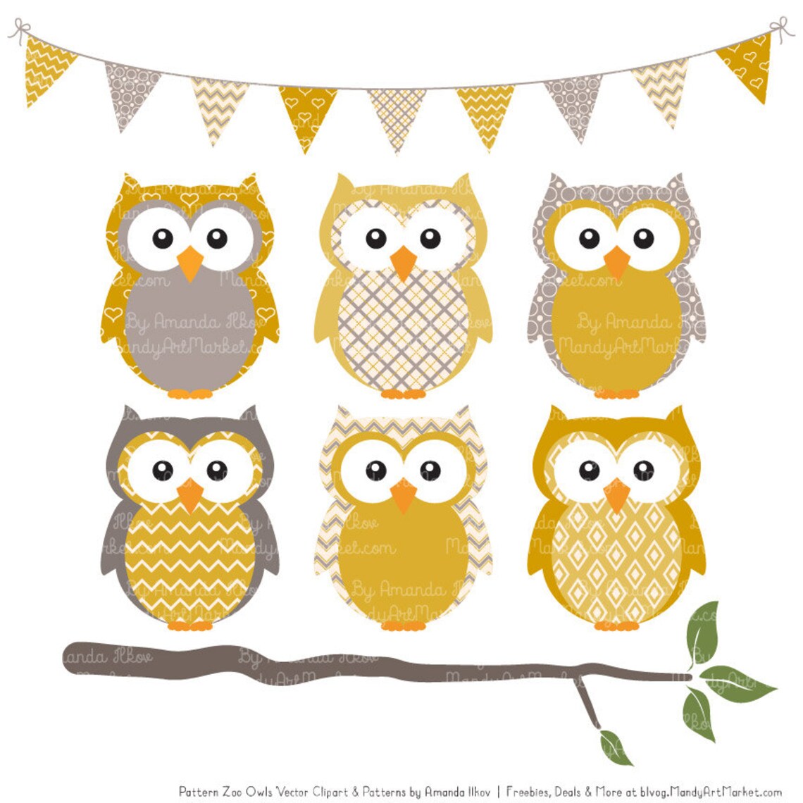 Patterned Mustard Owls Clipart and Digital Papers - Yellow Owl Clipart ...