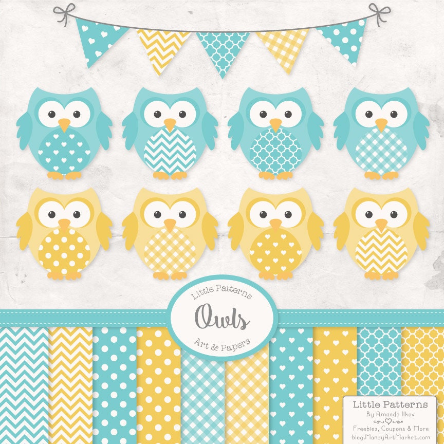 Premium Owl Clipart Vectors & Digital Papers in Fresh Aqua | Etsy