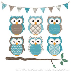 Patterned Vintage Blue Owls Clipart and Digital Papers Teal Owl Clipart ...