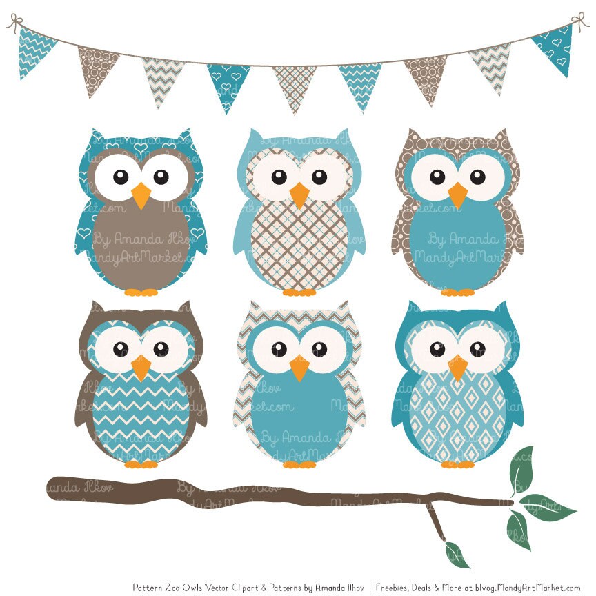 Patterned Vintage Blue Owls Clipart and Digital Papers Teal | Etsy