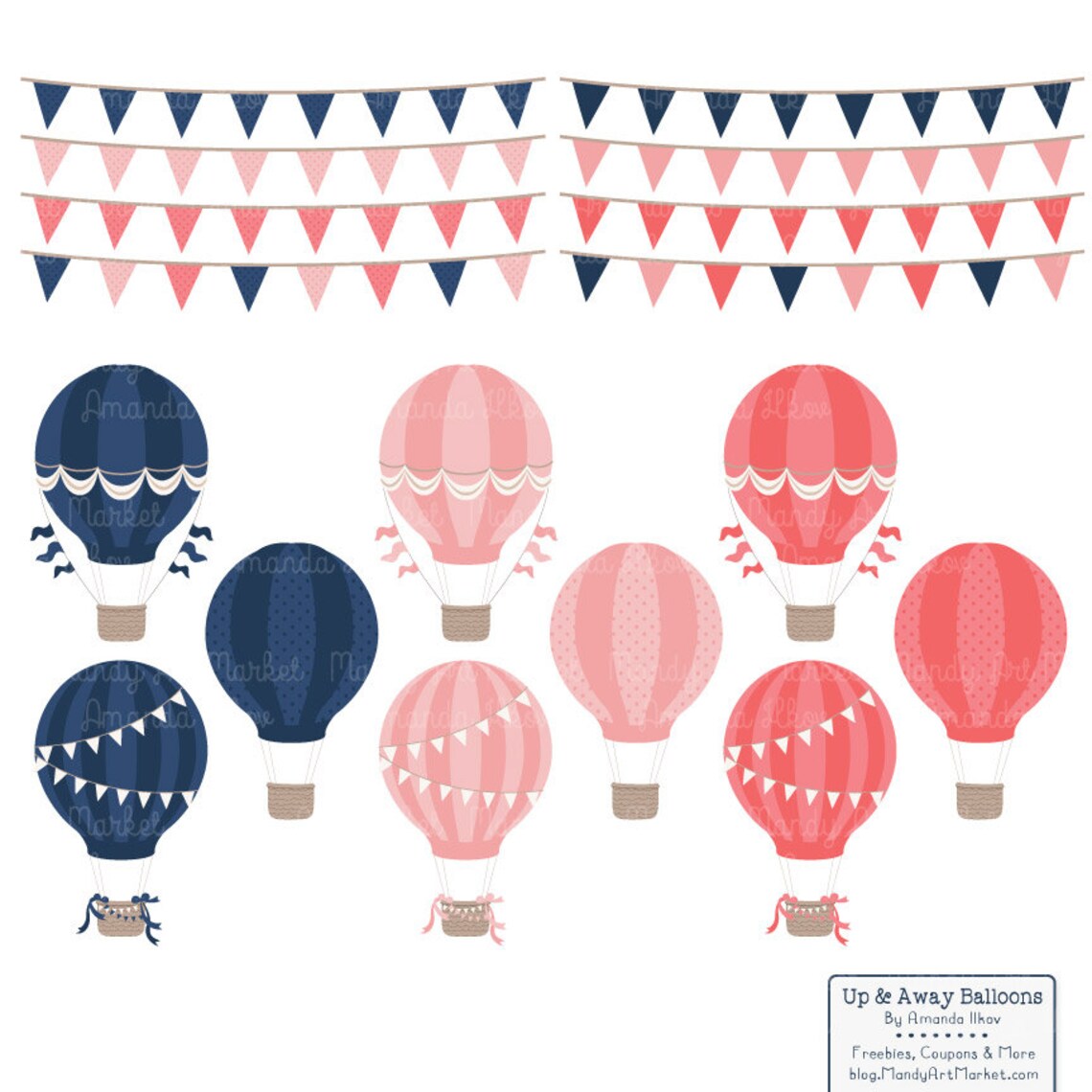 Navy & Blush Hot Air Balloons Clipart With Digital Papers - Navy and ...