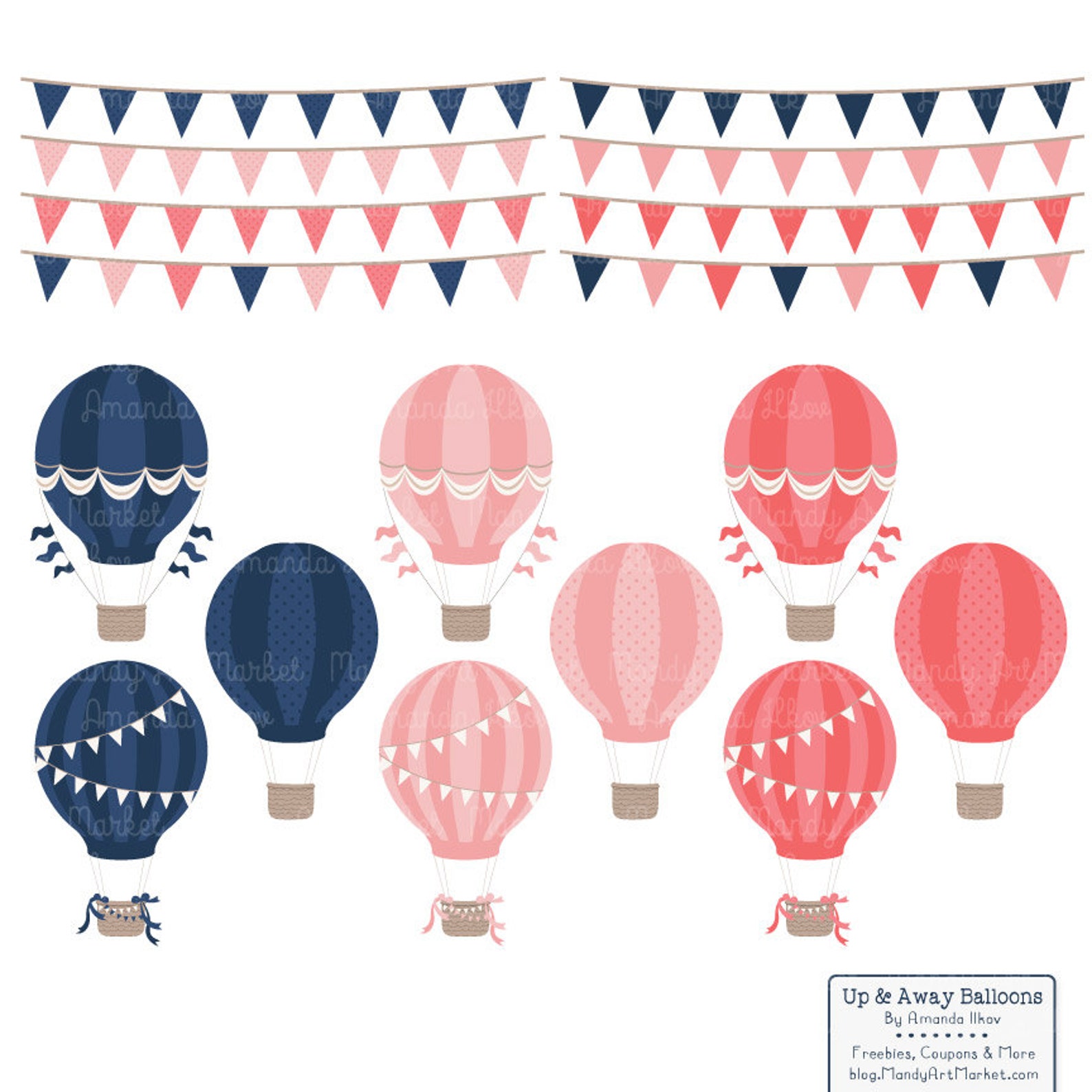Navy & Blush Hot Air Balloons Clipart With Digital Papers | Etsy