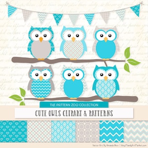 Patterned Tropical Blue Owls Clipart and Digital Papers - Bright Blue ...