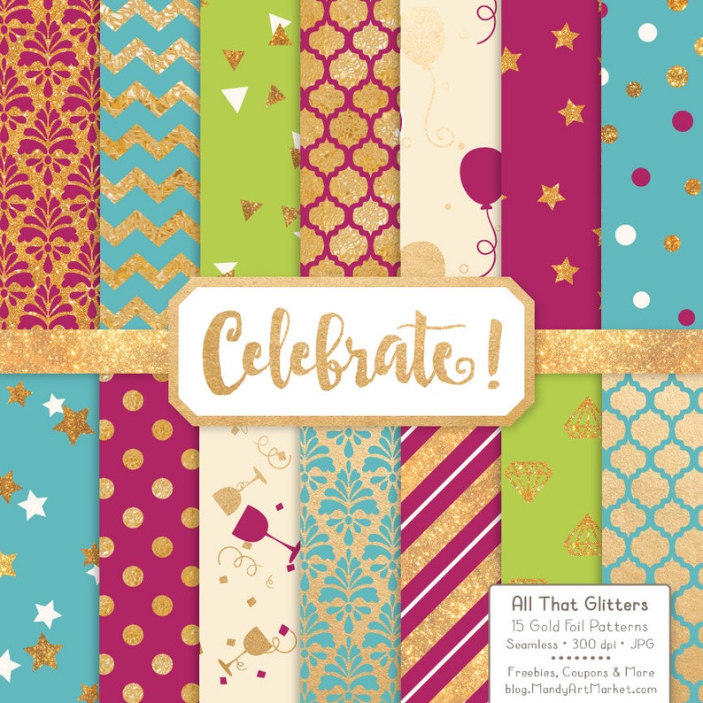 Celebrate Gold Foil Digital Papers in Bohemian - Party Patterns, Party ...
