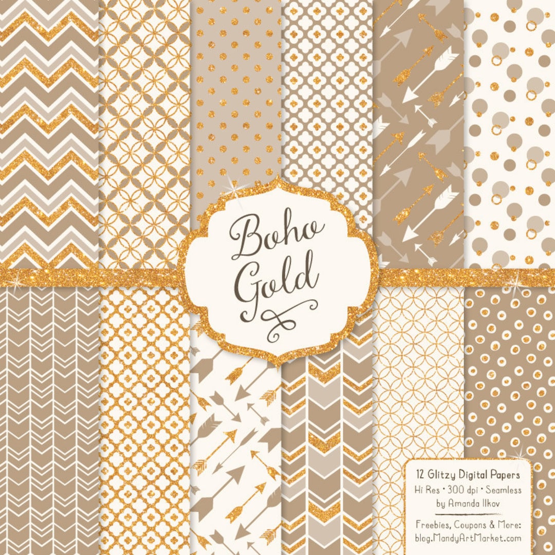 Premium Boho Gold Glitter Digital Paper in Champagne - Gold Digital ...