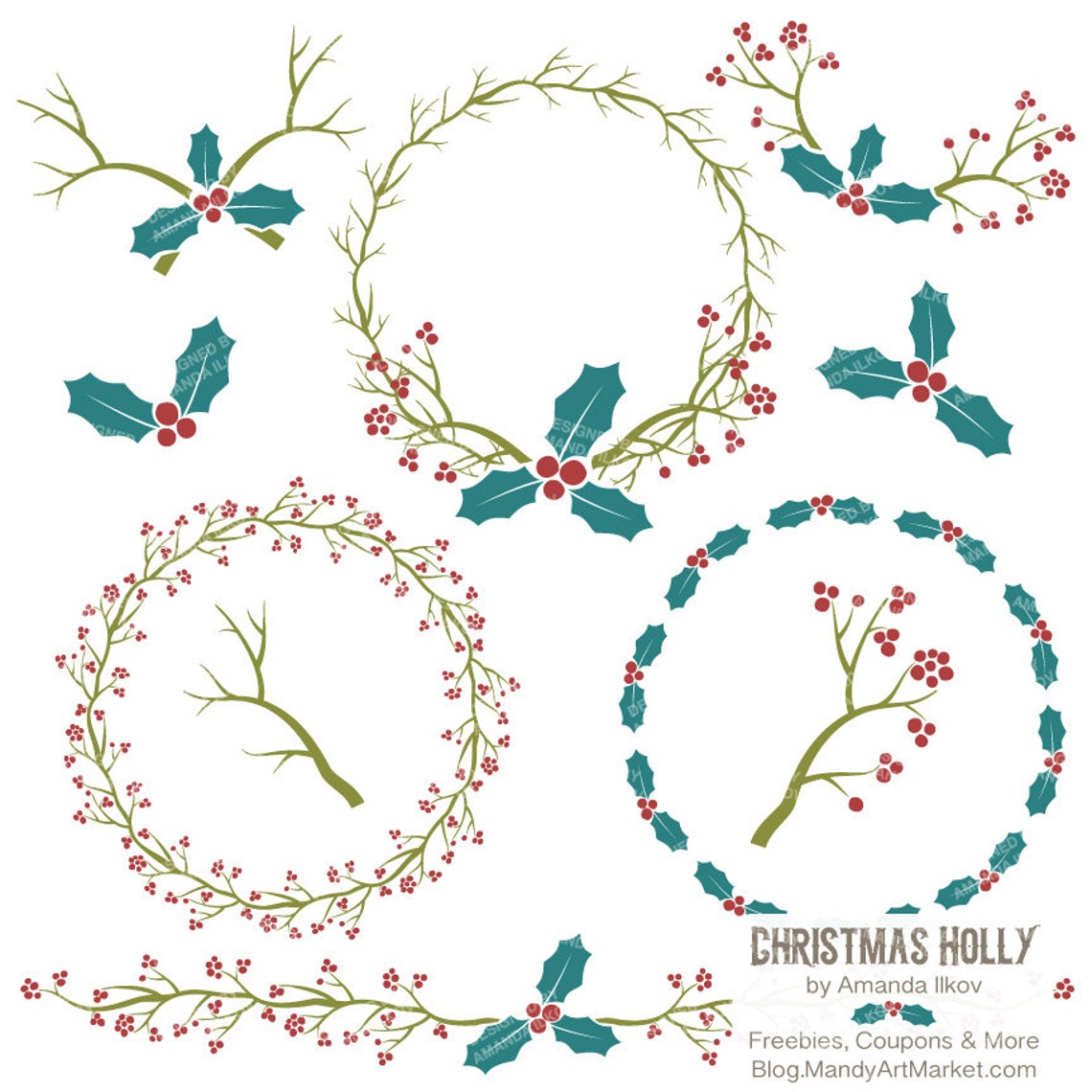 Professional Retro Holly Clipart & Holly Vector Set - Holly Clip Art ...