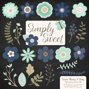 Cute Flowers Clipart in Navy & Mint Navy and Mint Vector Flowers, Navy ...