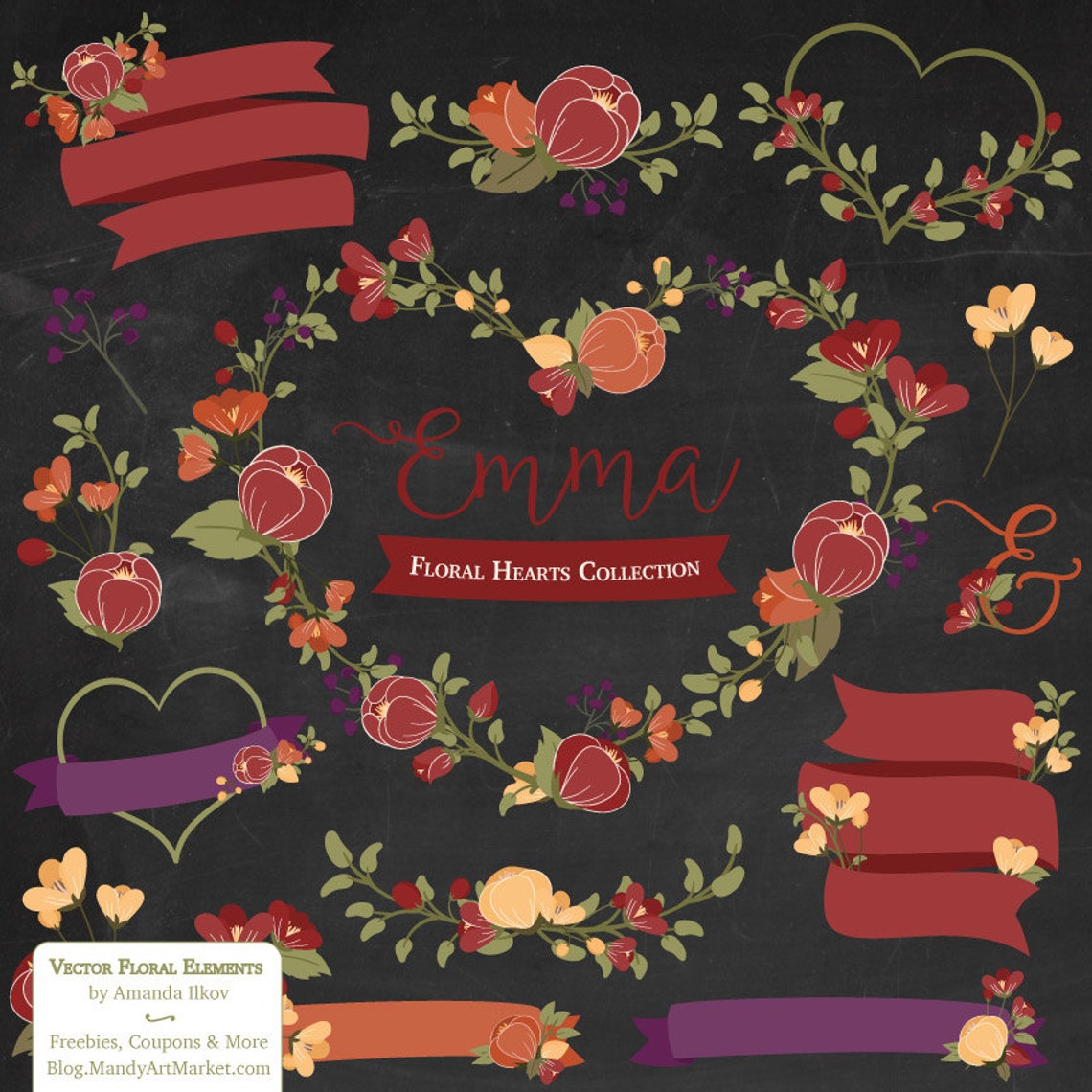 Emma Floral Heart Clipart & Vectors in Autumn orange | Etsy