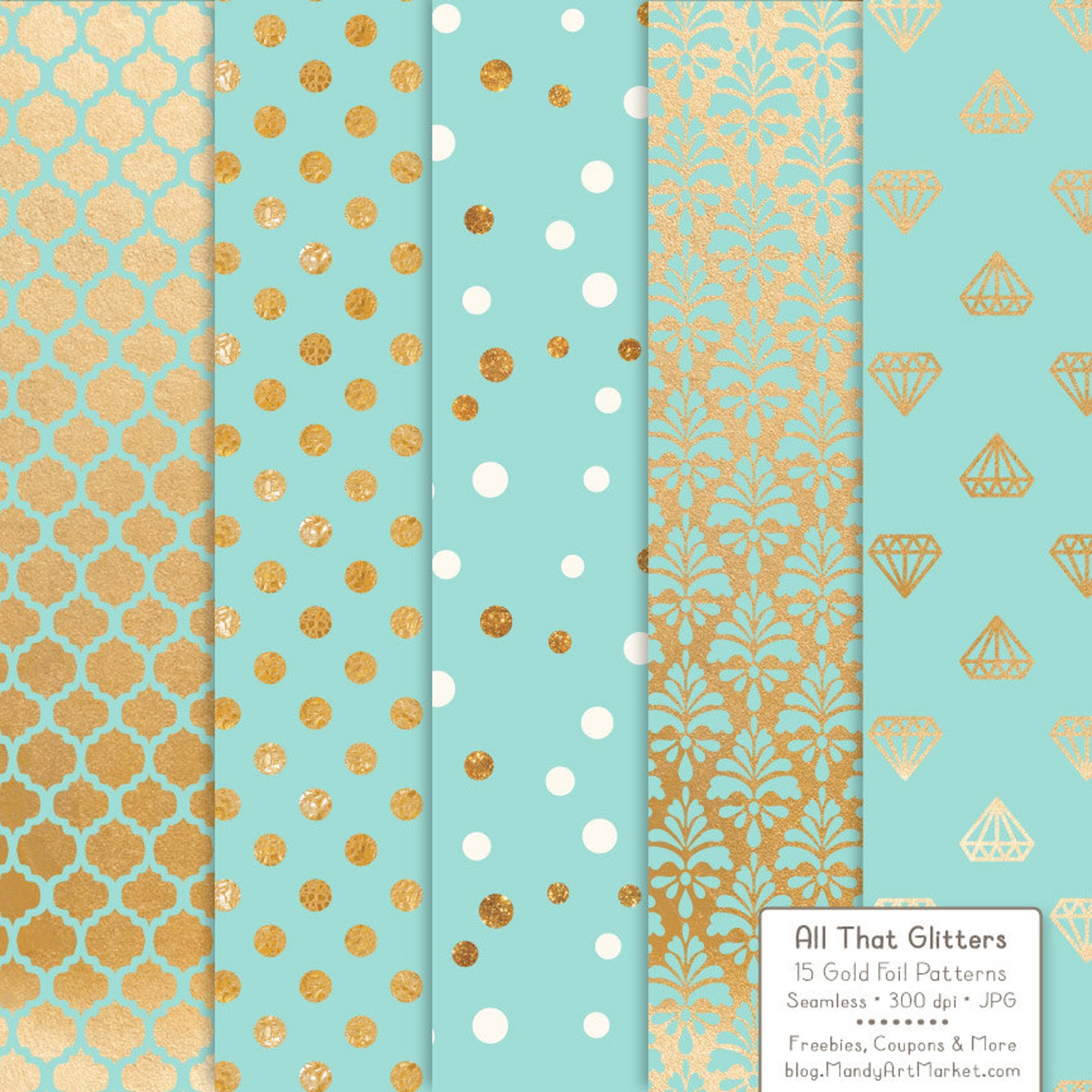 Celebrate Gold Foil Digital Papers in Aqua Party Patterns | Etsy