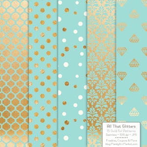 Celebrate Gold Foil Digital Papers in Aqua Party Patterns, Party ...