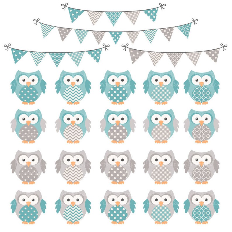 Premium Owl Clipart, Vectors & Digital Papers in Vintage Blue - Vintage ...
