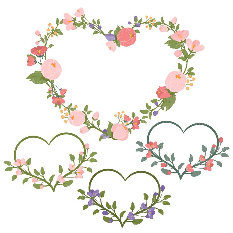 Emma Floral Heart Clipart & Vectors in Wildflowers Pink - Etsy