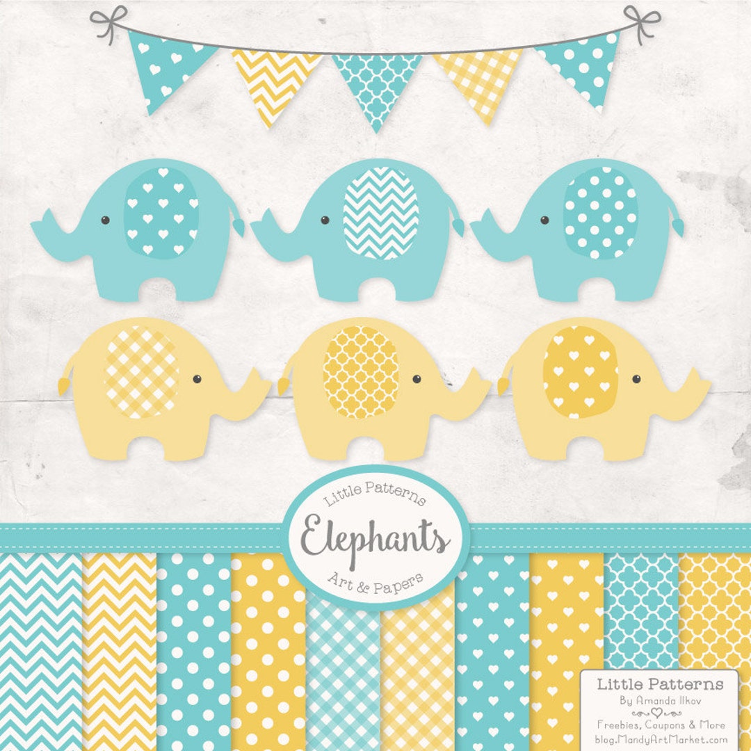 Premium Elephant Clipart, Vectors & Digital Papers in Fresh Aqua and ...