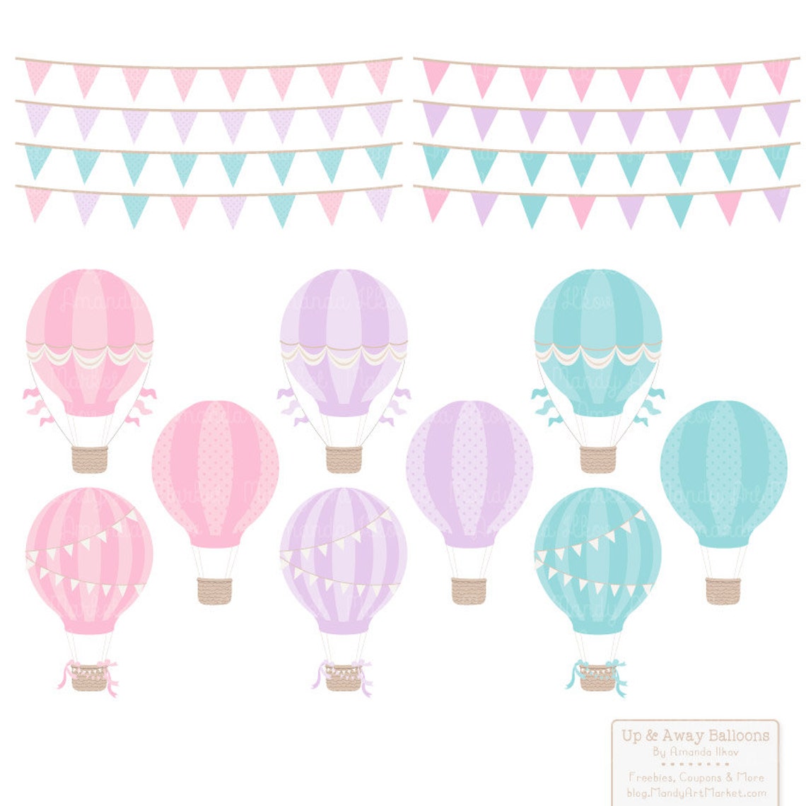 Fresh Girl Hot Air Balloons Clipart With Digital Papers - Bright Hot ...