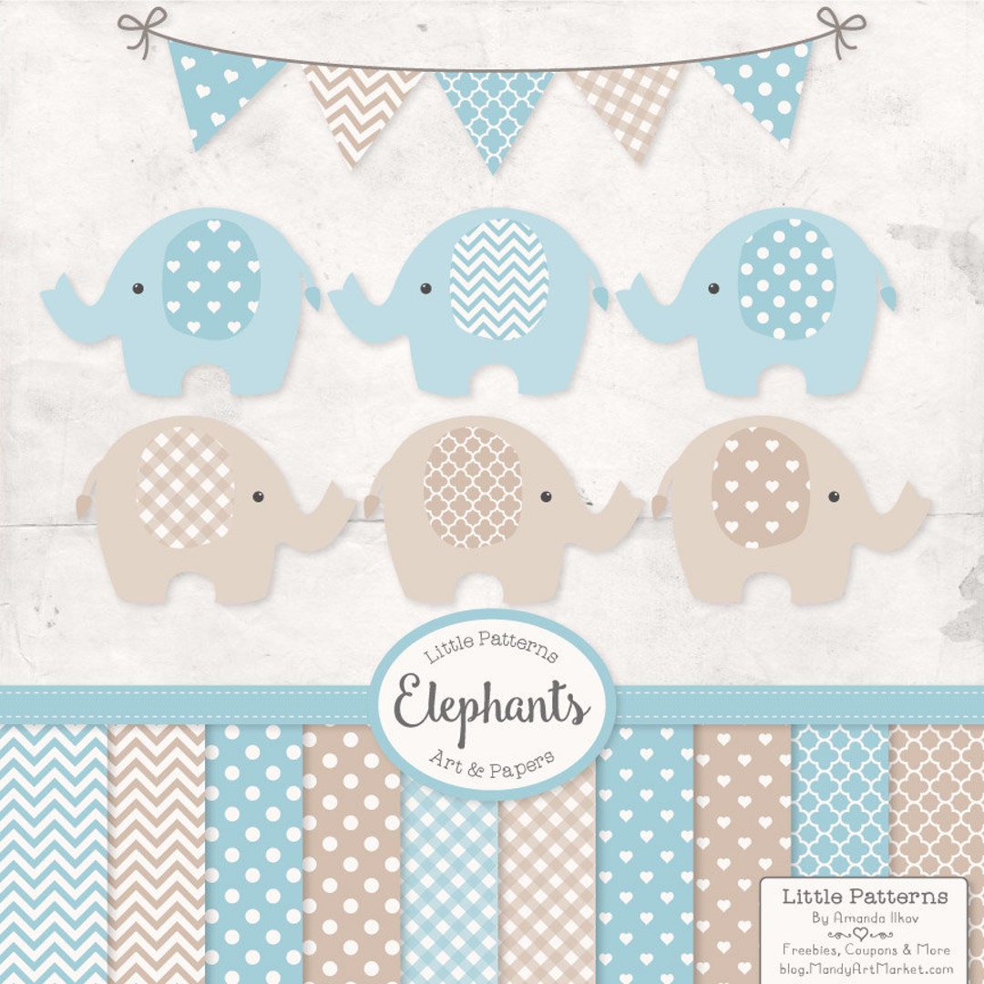 Premium Elephant Clipart, Vectors & Digital Papers in Soft Blue With ...