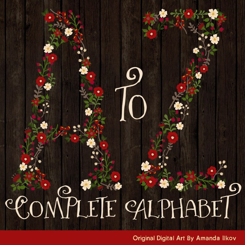 Professional Floral Alphabet Clipart & Vectors Christmas - Etsy