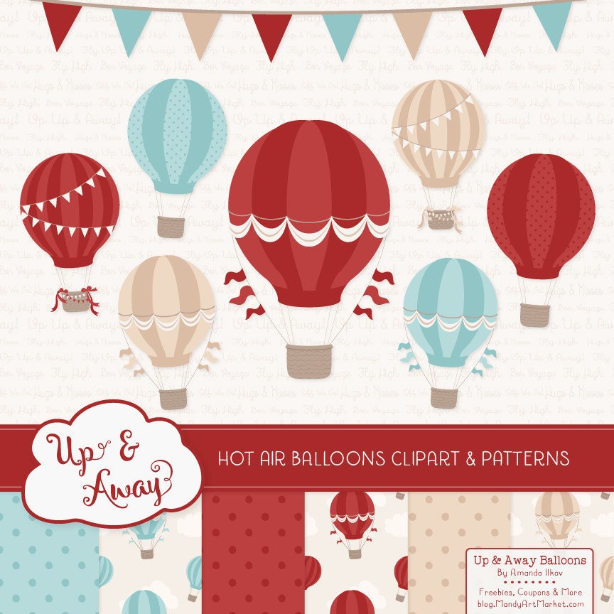 Red & Robin Egg Hot Air Balloons Clipart With Digital Papers - Red and ...