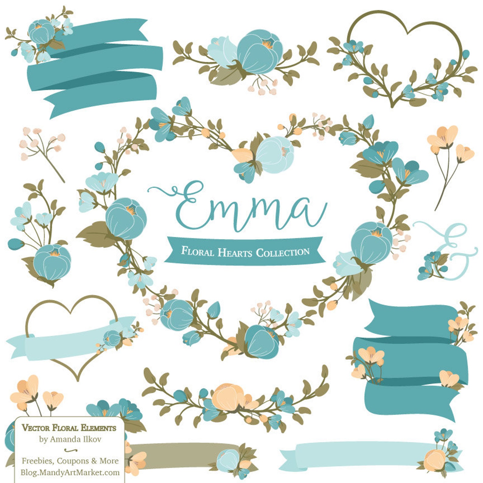 Emma Floral Heart Clipart & Vectors in Vintage Blue Teal | Etsy