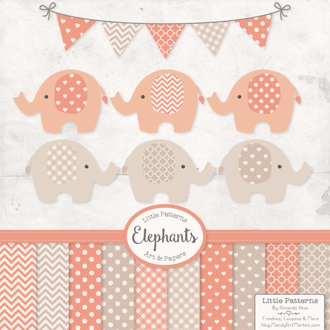 Premium Elephant Clipart, Vectors & Digital Papers in Antique Peach ...