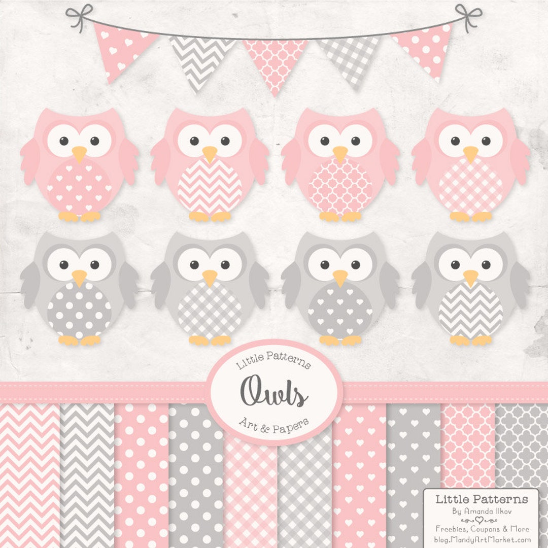 Premium Owl Clipart, Vectors & Digital Papers in Soft Pink With Grey ...