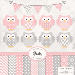 Premium Owl Clipart, Vectors & Digital Papers in Soft Pink With Grey ...