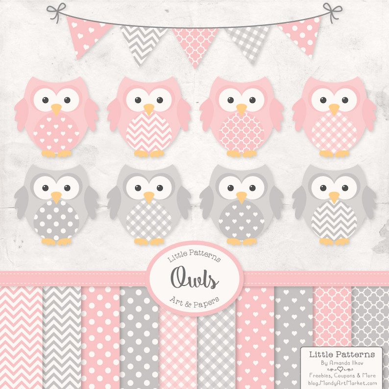 Premium Owl Clipart Vectors & Digital Papers in Soft Pink | Etsy